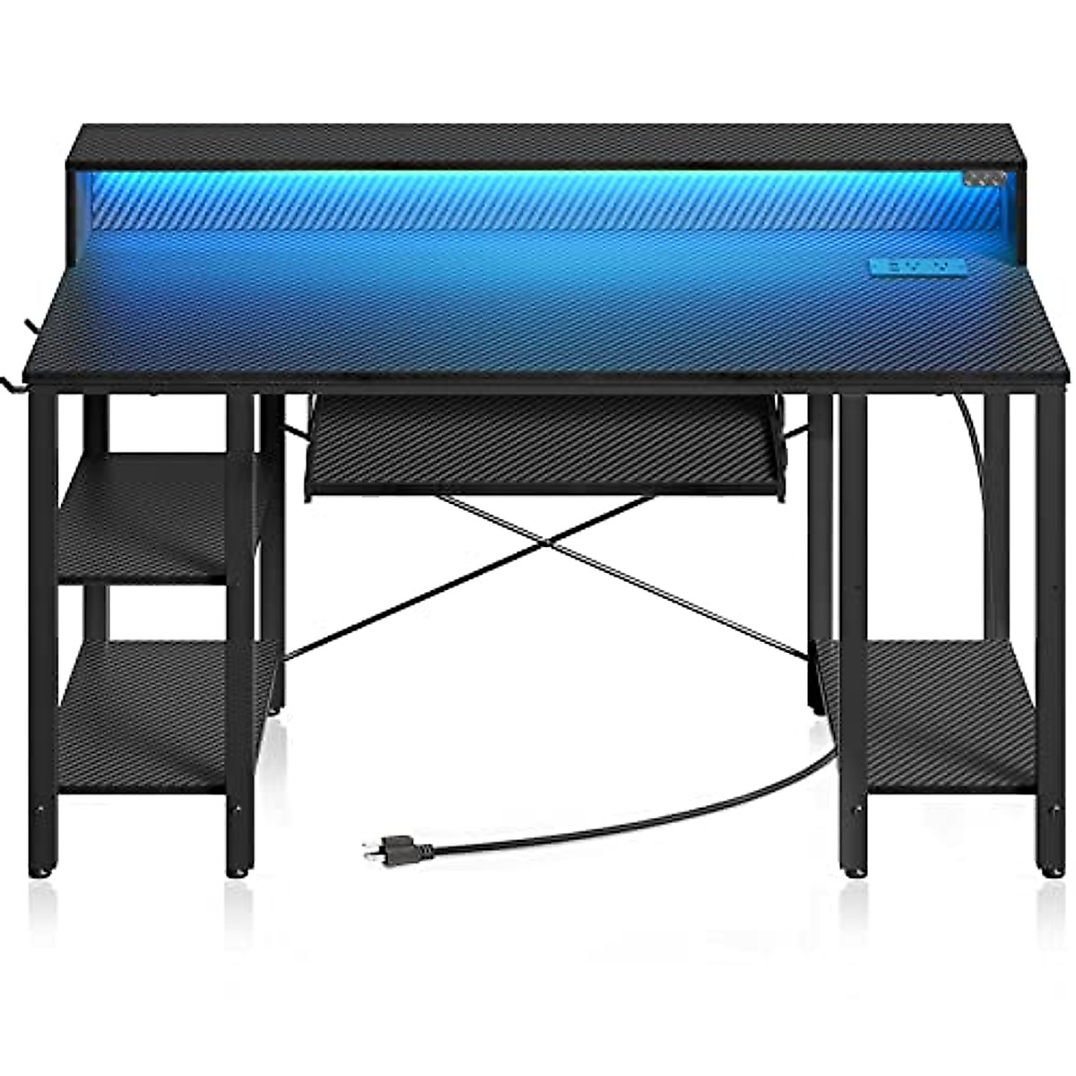 Rolanstar Computer Desk with LED Lights & Power Outlets, 55” Gaming Desk with Storage Shelves, Home Office Desk with Keyboard Tray & Monitor Stand, with Hooks, Carbon Fiber Surface Black