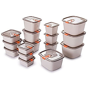 Plastic Food Storage Containers w/attached Lids. Multi sizes Containers. Microwave/Freezer & Dishwasher Safe - Steam Release Valve. BPA/Free (16, Beige & Orange)