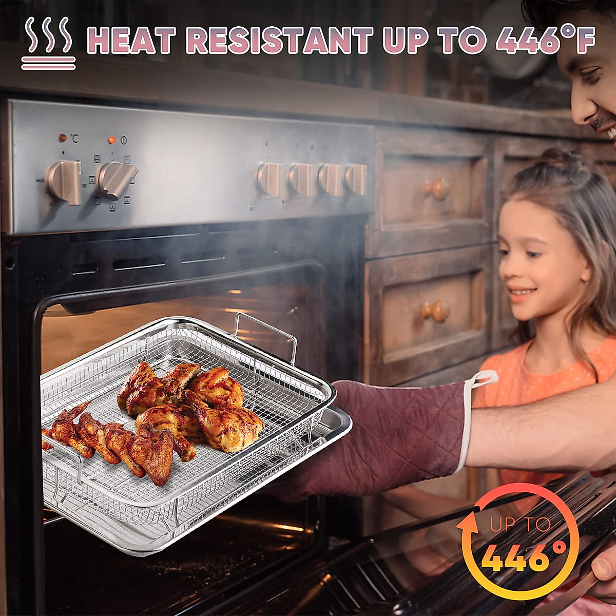 Stainless Steel Air Fryer Basket for Oven, Air Fryer Crisper Tray & Basket with Tongs, 12.8" x 9.6" x 2.3" Oven Air Fry Mesh Basket Set, Oven Air Fryer Basket Set for Chicken/Roasting/French Fry