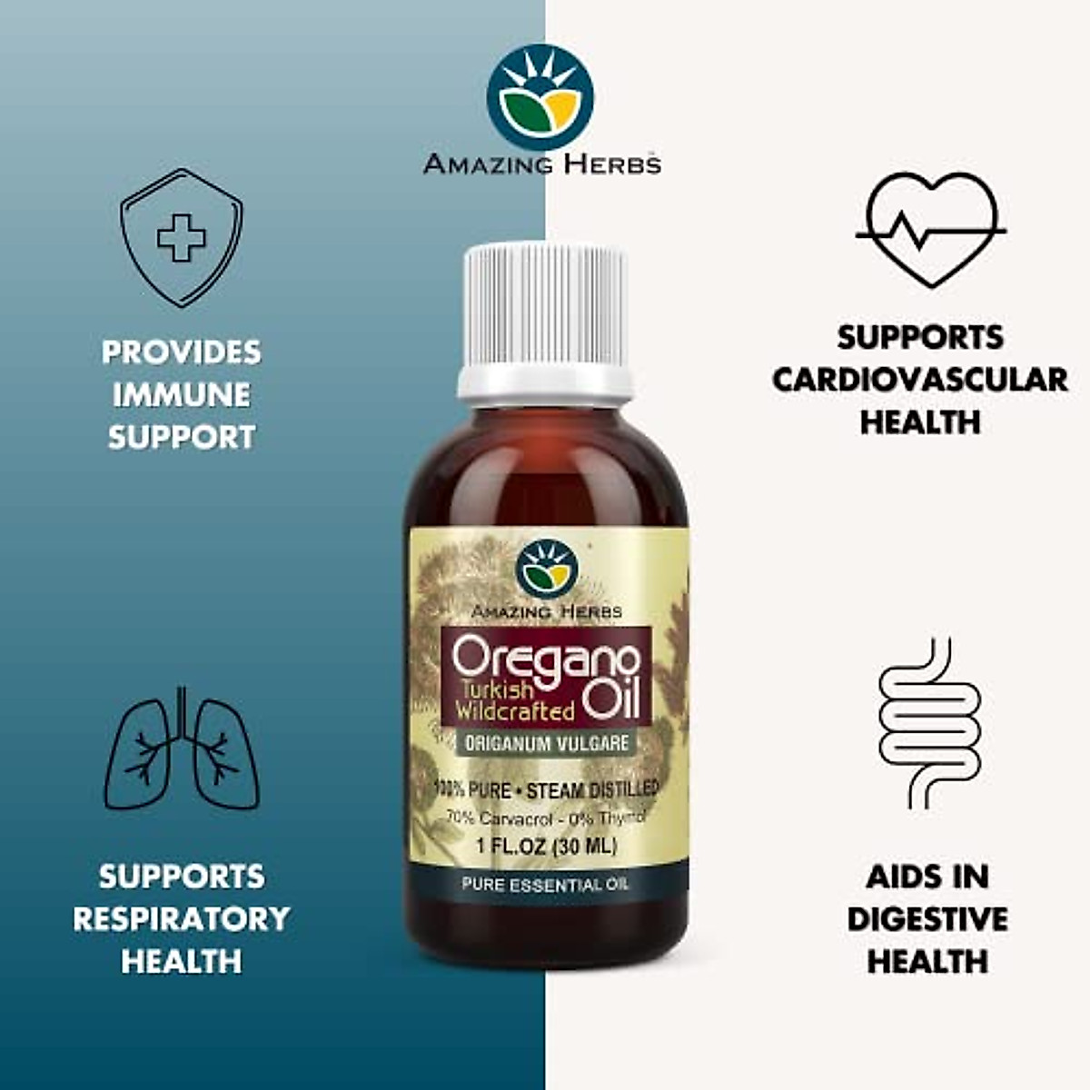 Amazing Herbs Pure Oregano Essential Oil - 100% Pure Oregano Oil, Steam Distilled, Alcohol Free, Gluten Free - 1 Fl Oz