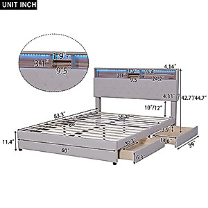 Queen Size Upholstered Platform Bed Frame for Boys Girls Kids Toddler with Storage Headboard, LED, USB Charging and 2 Drawers, Beige
