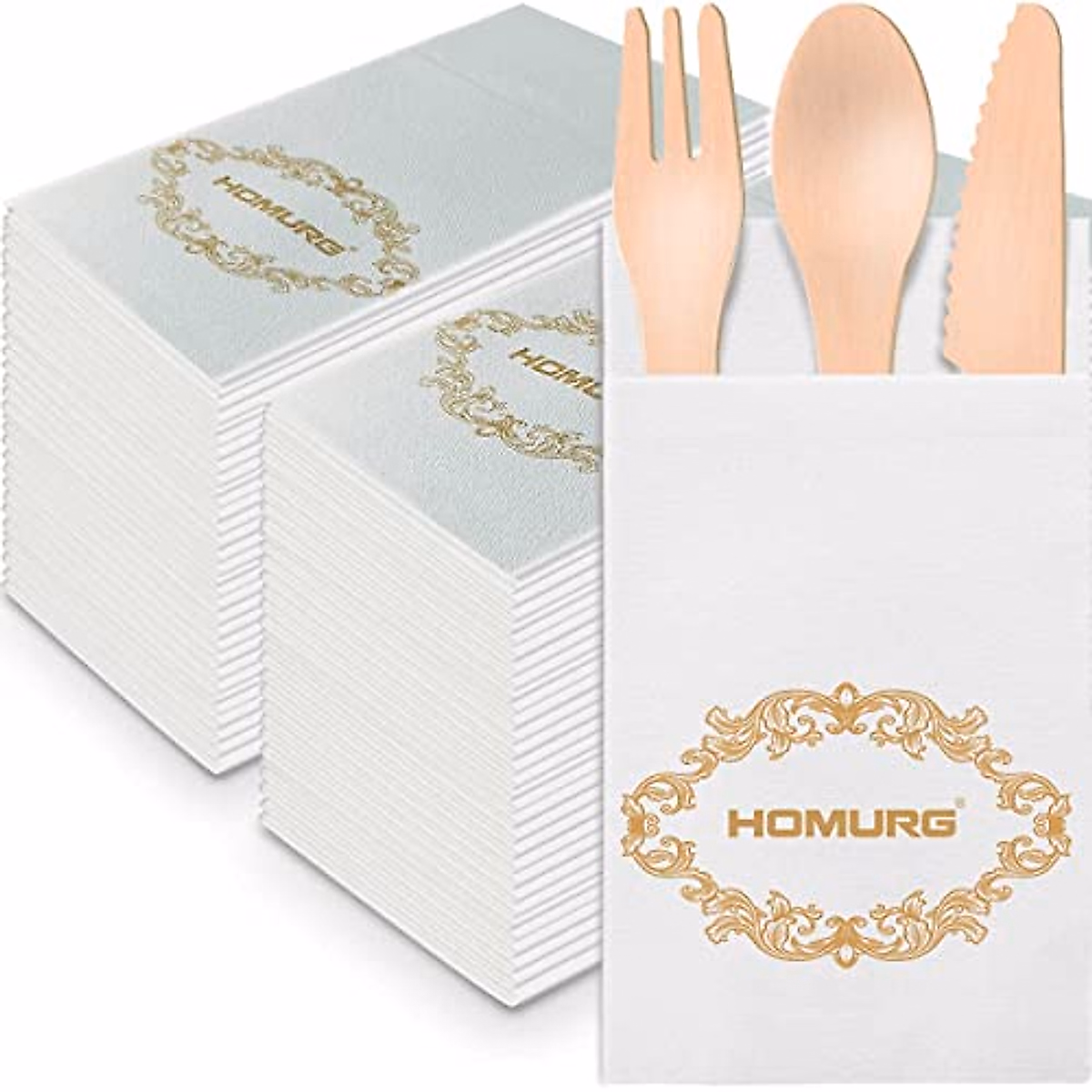 HOMURG Luxury Folded Paper Napkins with Wooden Silverware Bulk for 100 Guests, White Pocket Napkin Serviette and Wood Cutlery, Wedding Birthday Christmas Party Guest Towels & Flatware Set 300 Utensils