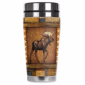 Mugzie "Moose Tapestry" Stainless Steel Travel Mug with Insulated Wetsuit Cover, 20 oz, Black