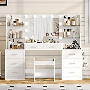 Irontar 61.9‘’L Large Vanity Desk Set with Mirror & Lights, Makeup Vanity with Stool and Charging Station, Makeup Desk with Drawers & Open Storage Shelves, Bedroom Vanity Table Set, White WDT006WD