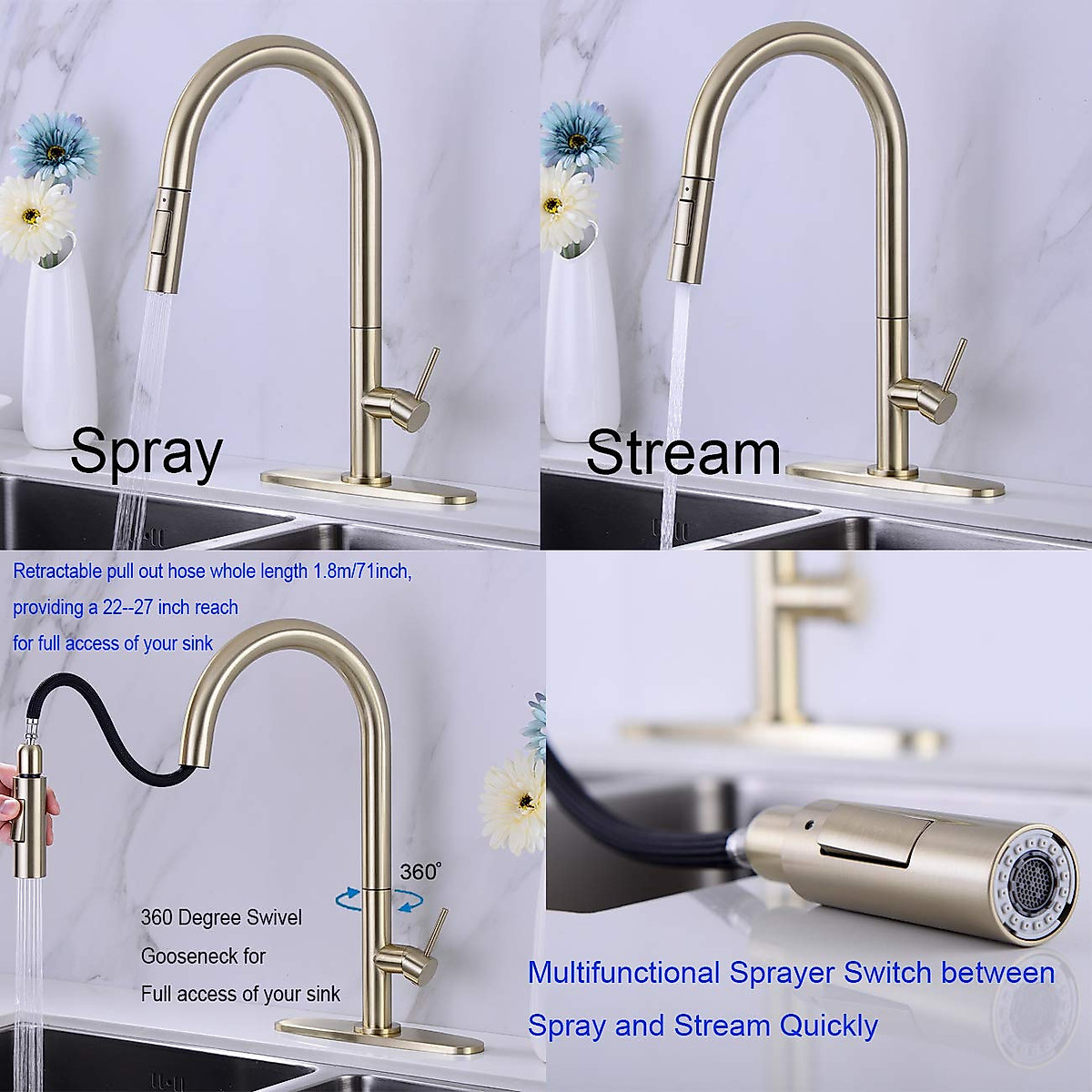 Delle Rosa Kitchen Faucet, Champagne Gold Kitchen Faucet with Pull Down Sprayer, 360 Rotate Gold Kitchen Faucet Pre-Rinse Pull Out Kitchen Faucet with Deck Plate