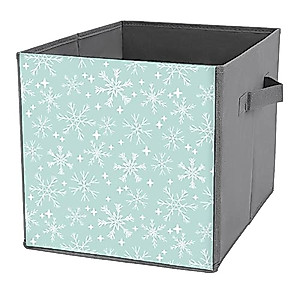 Mint Cute Winter Snowflake PU Leather Collapsible Storage Bins Canvas Cube Organizer Basket with Handles