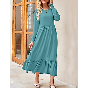 ZESICA Women's Spring Long Sleeve Dress 2025 Crewneck Casual Loose Pleated Tiered Swing Midi Dresses with Pockets,Sage,Medium
