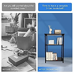 ECOMEX Small Bookshelf, Standing Metal Frame Book Shelves, 3 Tier Industrial Bookshelf Wood Bookcase Shelves Storage for Living Room Bedroom and Office, 3 Tiers Open Shelf/Display Rack, Black
