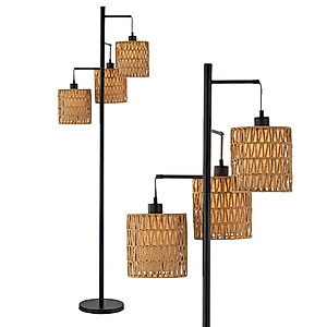 Maxax Rattan Floor Lamp, 3 Lights Farmhouse Tree Standing Lamp with Wood Rattan Shades, Multi Head Vintage Tall Pole Lamp for Bedroom Living Room, Office - 65 Inches