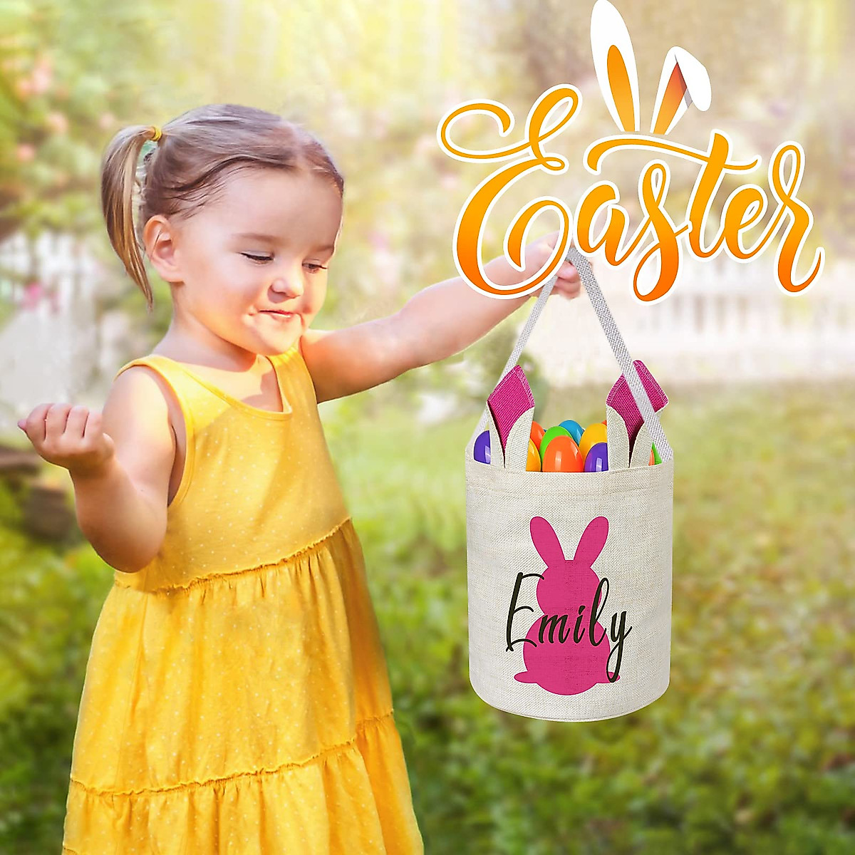 Personalized Easter Baskets for Kids, VAPCUFF Easter Basket Bags Easter Eggs Basket Easter Bunny Basket Easter Eggs Hunt Basket Personalized Easter Gifts for Girls Boys - Pink