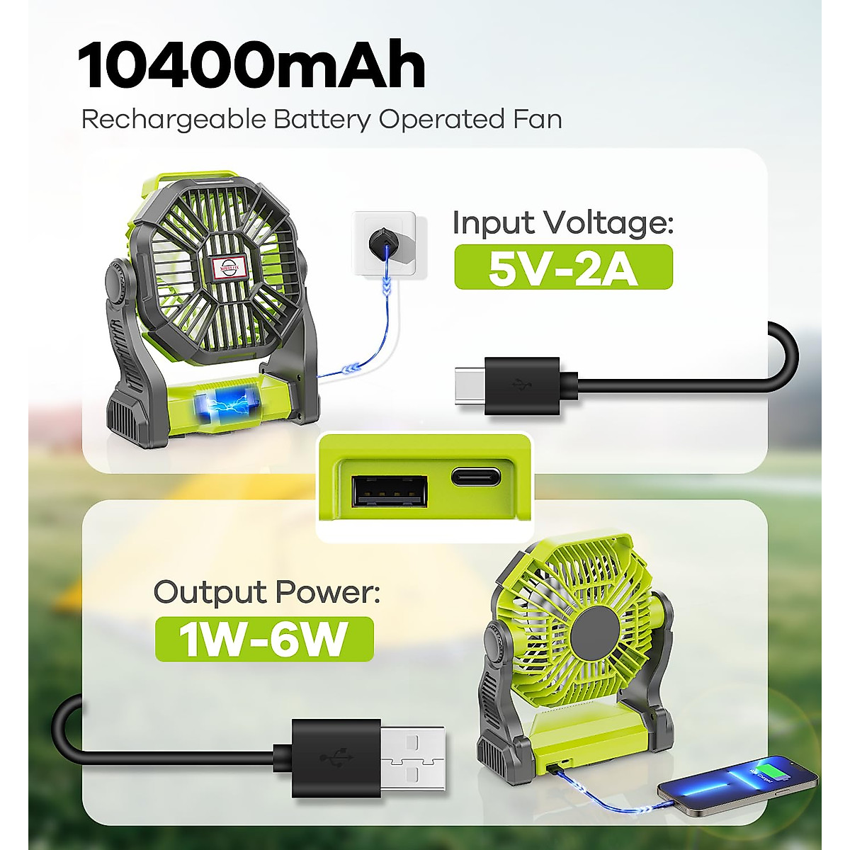 DOWILLDO Camping Fan with LED Lantern, 10400mah Portable Battery Operated Outdoor Fan, Personal Rechargeable Fan for Travel, Hiking, Fishing, Picnic (Green)