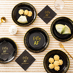 Crisky 'Fifty AF' 50th Birthday Black Gold Theme Plate, 50 Pack, 9" Paper Plates, Durable, Food Grade, BPA-Free, Biodegradable, Not Microwaveable