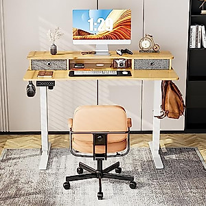 Sweetcrispy Electric Standing Desk Adjustable Height Stand Up Desk, 63 x 24 Inch Sit Stand Desk Adjustable Desk, Home Office Computer Desk with Storage Shelf, Double Drawer, Splice Board, Oak Desktop