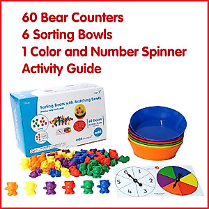 edxeducation Counting Bears with Matching Bowls - Early Math Manipulatives - 68pc Set - 60 Bear Counters, 6 Bowls & 2 Game Spinners - Home Learning