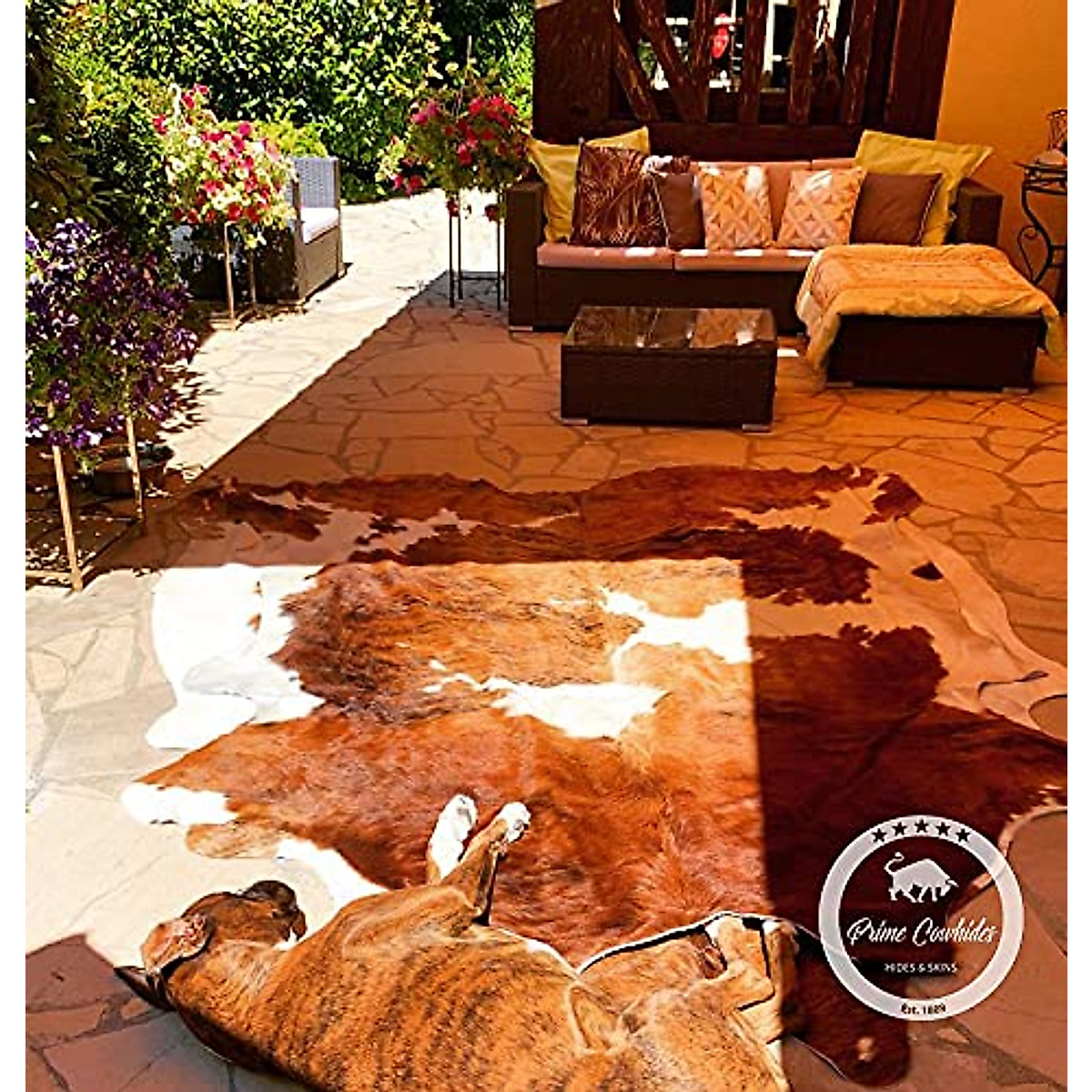 Cowhide Rug Tricolor Genuine Hair on Hide Size: X-Large (6ft x 7,5ft) (180cm x 225cm)