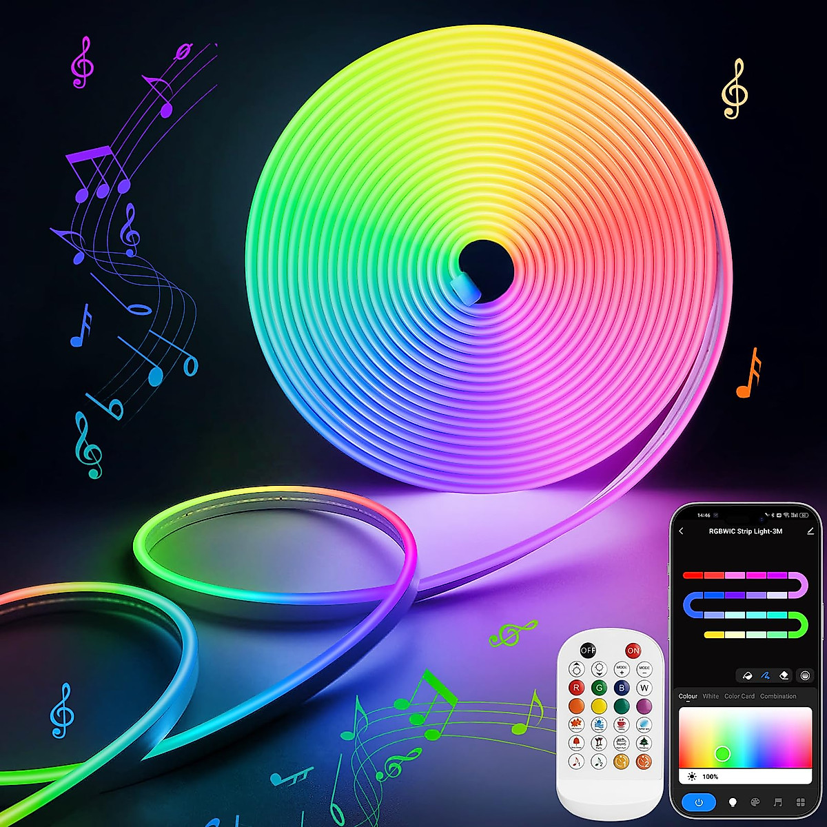 12v RGB Led Light Strip,Flexible Led Strip Lights IP65 Waterproof Cuttable Led Neon Flex Alexa WiFi Compatible Silicone 16.4ft Color Changing Bluetooth Phone App Control with Remote for Party DIY