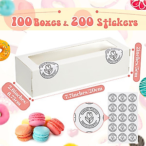 Sherr 100 Pcs Macaron Boxes with Window Macaron Gift Box for 6 Macaron with 200 Pcs Stickers Long Baking Boxes Rectangle Treat Boxes for Dessert Pastry Packaging for Home DIY Baking Gift(White)