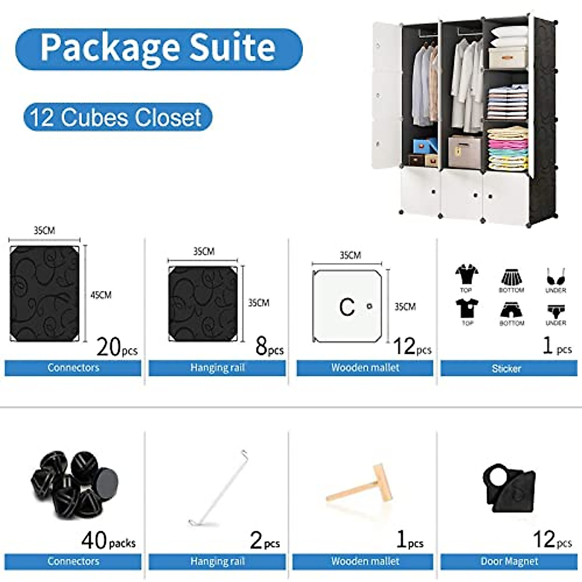 BRIAN & DANY Portable Closet Wardrobe - Cube Storage Organizer, Plastic Clothing Cabinet, Bedroom Armoires for Toys, Shoes, Clothes - More 30% Capacity Than Normal - 12 Cubes, Black