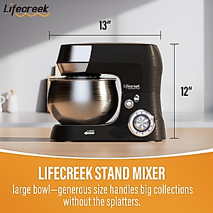 Lifecreek 6-in-1 Multifunctional Stand Mixer, 5.3Qt 660W, 6-Speed Tilt-head, Electric Kitchen Mixer with Stainless Steel Bowl,Meat Grinder, Juice Blender (Black)