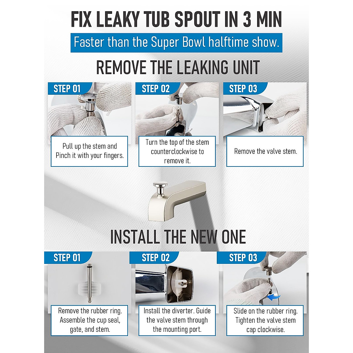 KootesDay 2-Pack Universal Tub Spout Diverter Repair Kit - Fix Leaky Bathtub Faucet in 3 Min with Valve Stems, Cup Seals & Gates, Leak-Proof Bathtub Faucets Repair Replacement Parts (Brushed Nickel)