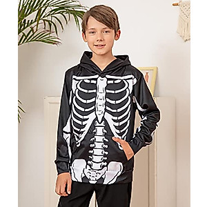 Enlifety Young Kids Scary Skeleton Sweatshirts Boys Girls Long Sleeve Skull Hoodies Halloween Costume Pullover Hoody with Pocket for Winter Fall Size 8 9 10 11