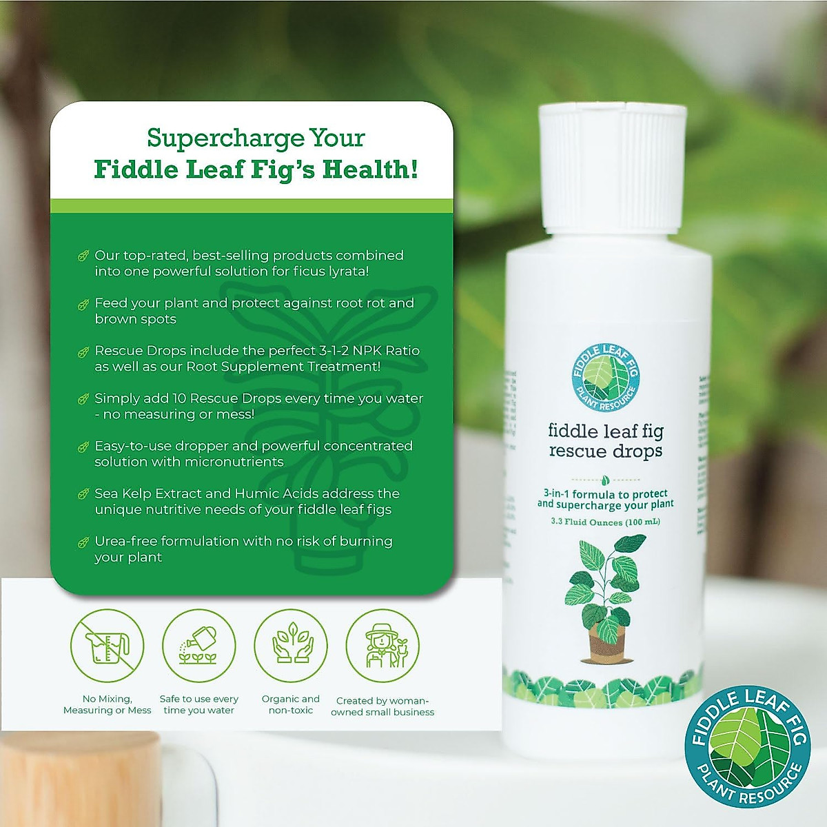 Fiddle Leaf Fig Rescue Drops by Fiddle Leaf Fig Plant Resource | 3-in-1 Liquid Fertilizer, Root Supplement & Immunity Booster (3.3 Fluid Ounces - 100ml)