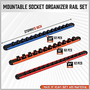 HORUSDY 6PC 360° Swivel ABS Socket Organizer, 1/4-Inch x 28 Clips, 3/8-Inch x 28 Clips, 1/2-Inch x 24 Clips, Premium Quality Socket Holders