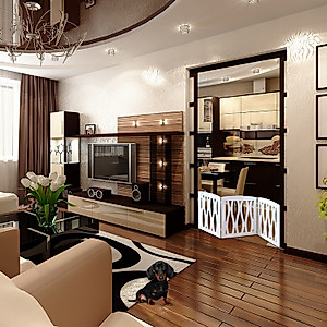 Wooden Pet Gate, Foldable and Freestanding, For Indoor Home and Office Use. Keeps Pets Safe [White Cascade Wave Decorative Design. Easy Set Up, No Tools Required]