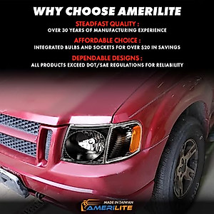 AmeriLite for 2001-2005 Ford Explorer Sport Trac Crystal Black Replacement Headlights with Corner Lamp Set - Passenger and Driver Side