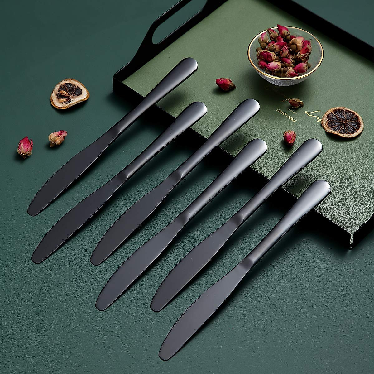 Black Dinner Knives Set Of 12, Berglander Stainless Steel Titanium Plating Shiny Black Dinner Knife, Butter Knife Spreader Table Knives Sturdy And Dishwasher Safe