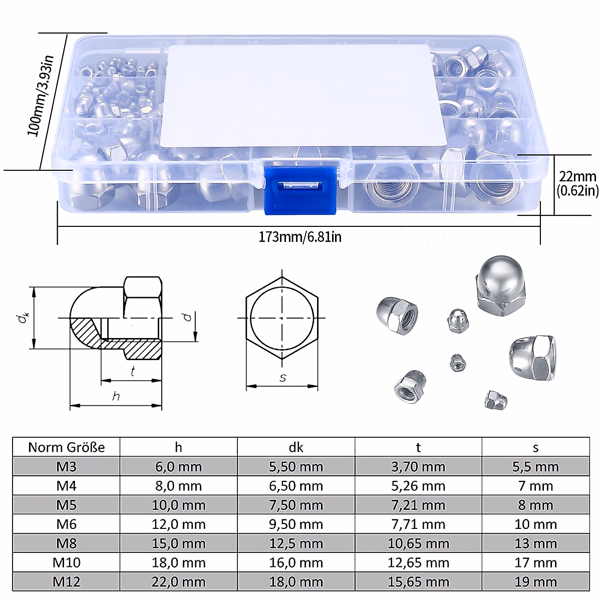 Hex Acorn Bolt Covers, 165pcs Acorn Cap Nuts, Black Dome Nut Caps, Stainless Steel Dome Acorn Bolt Cup Nuts Protector Caps for Protection Threads Rods Bolts, M3 M4 M5 M6 M8 M10 M12 (Silver)