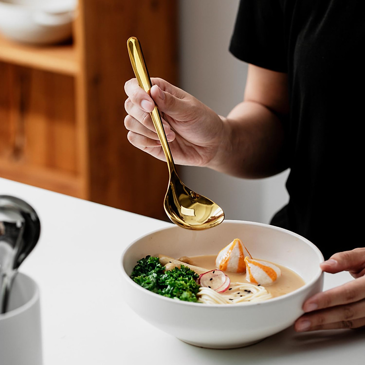 Soup Ladle, Stainless Steel Serving Spoon with Long Handle Golden Cooking Spoon for Stirring, Portioning and Serving Soups, Sauces, Batter