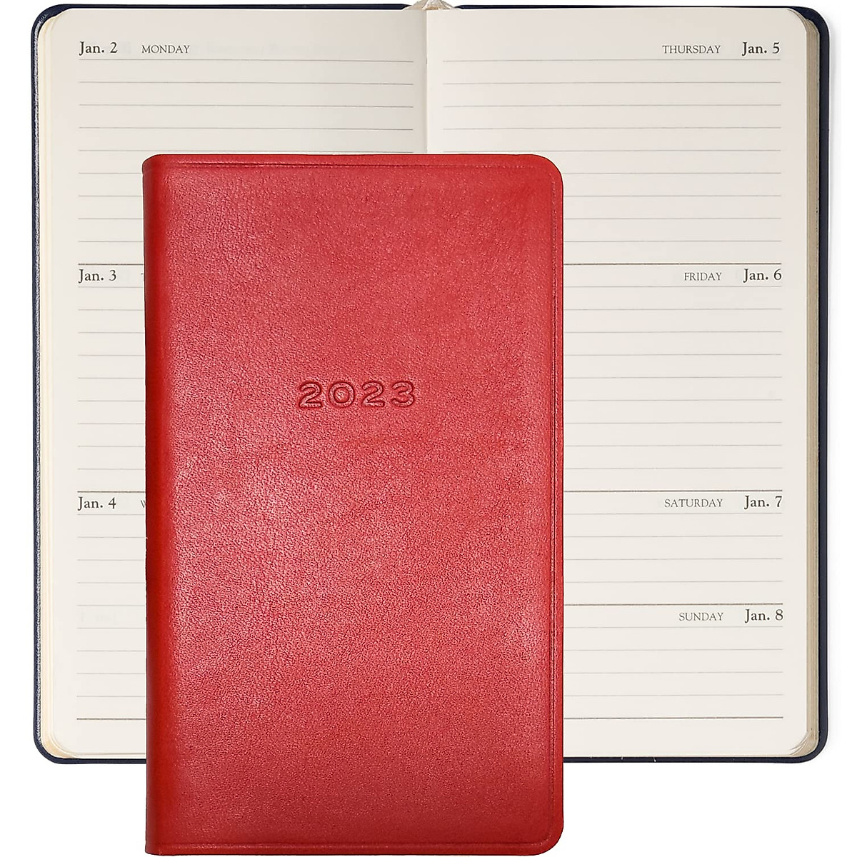 2023 Pocket Datebook Planner Journal, Genuine Leather, Bound in the USA, 5", Traditional Red