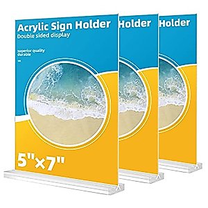 3 Pack Acrylic Sign Holder, 5 x 7 inches Clear Table Menu Display Stand Desktop Display Stand Paper Holder Table Top Sign Holder Suitable for Restaurants, Office, Home, Store