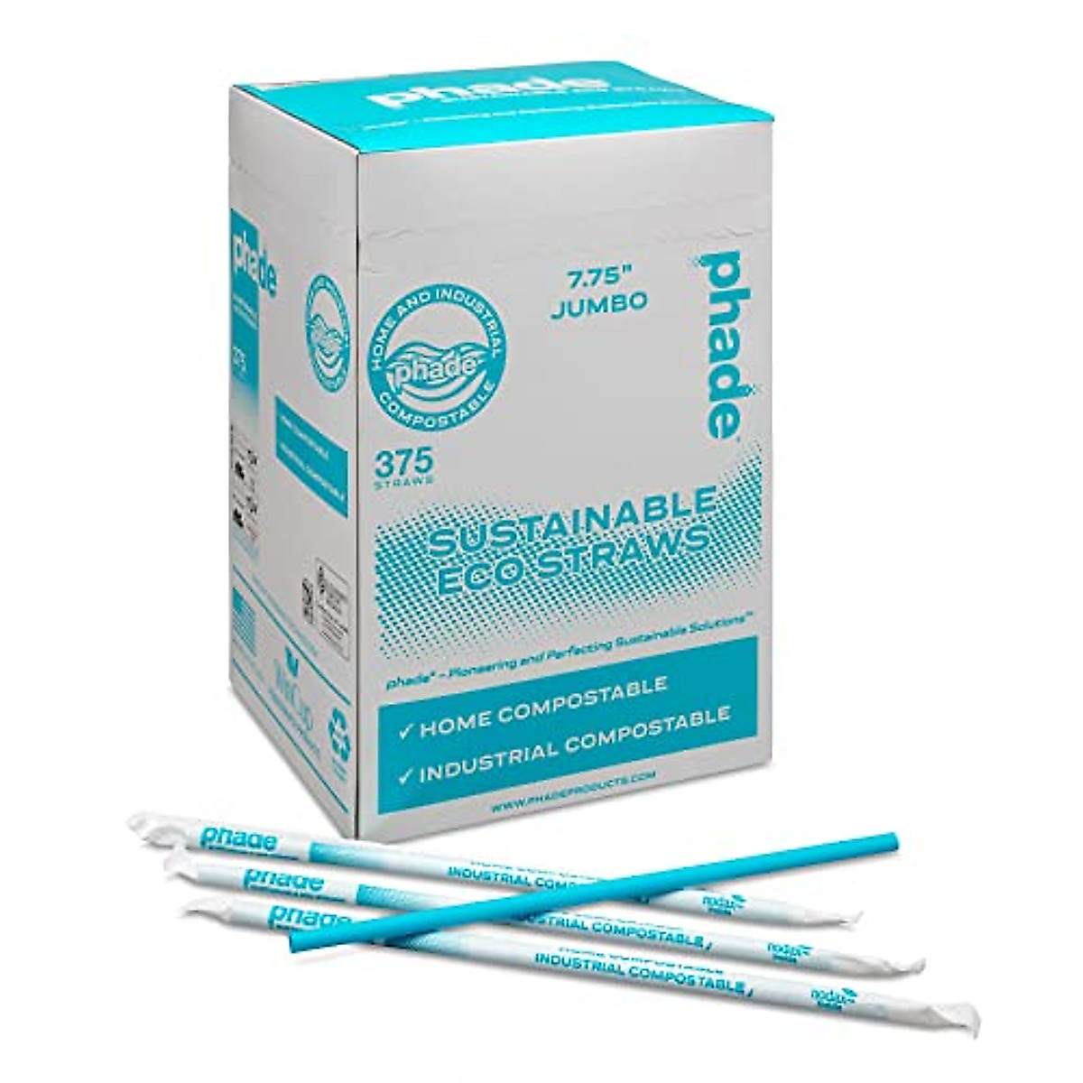 phade Eco-Friendly Sustainable Marine Biodegradable Compostable 7.75" Jumbo Straws, Individually Wrapped, 1 Pack - 375 Count