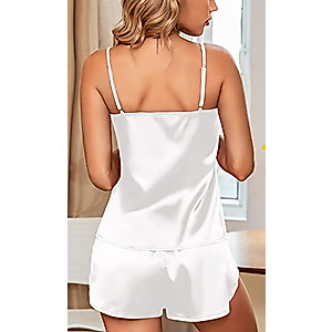 Womens Silk Satin Pajamas Loungewear Two-piece Sleepwear Cami Shorts Pj Set White XXL