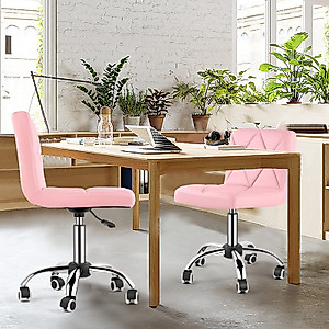 COSVALVE Armless Desk Chair, Low Back Swivel Office Chair, Adjustable Task Chair with Rolling Wheels and Diamond Pattern, for Home Computer Barber, Pink