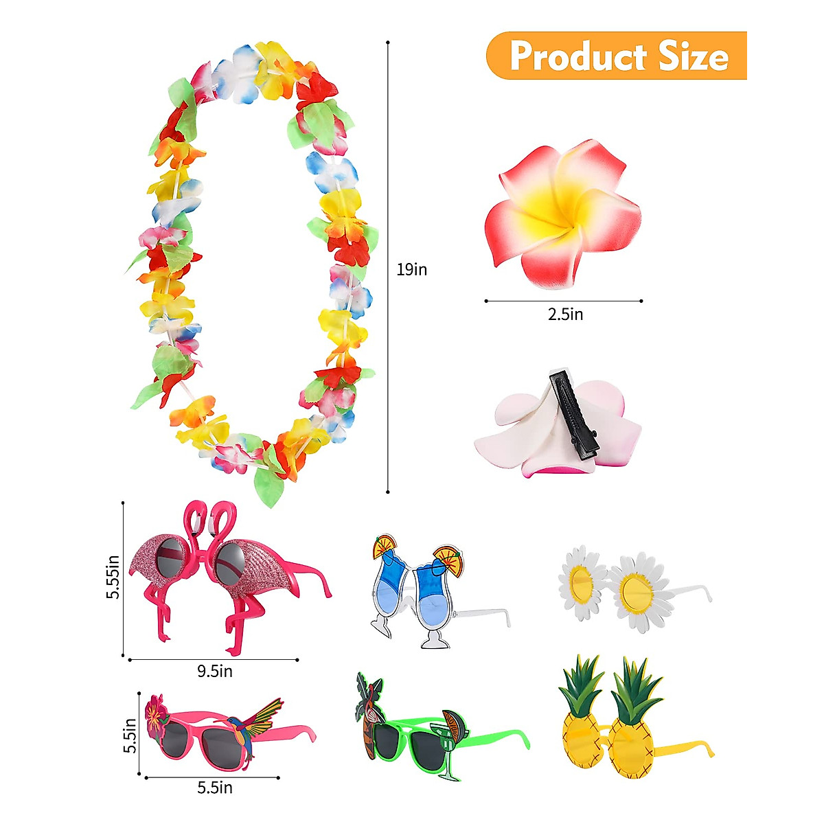 ALKNOT 36pcs Hawaiian Leis Bulk, 6 Pairs Funny Hawaiian Glasses, 12pcs Hawaiian Flower Hair Clip, Fun Summer Party Favors for Beach Wedding Birthday Party Decoration Supplies