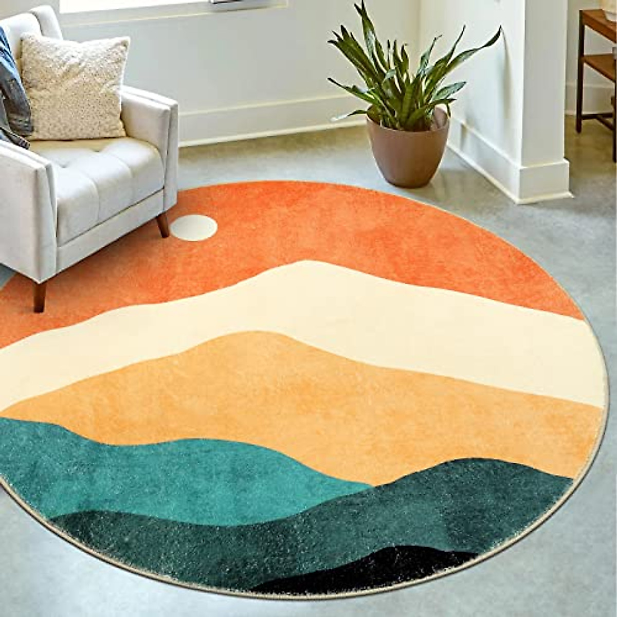 Sungea Abstract Round Rug for Bedroom 4ft, Faux Wool Soft Area Circle Rug, Farmhouse Washable Low Pile Throw Rugs, Carpet for Living Room Sofa Nursery Kids Room Decor