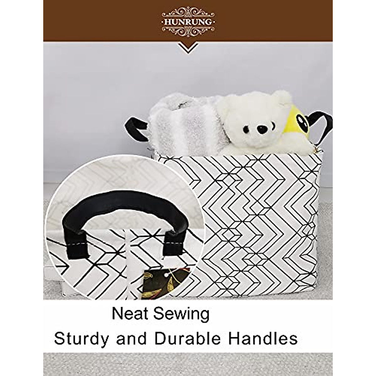 HUNRUNG Square Storage Bins Nursery Hamper Canvas Laundry Basket Foldable with Waterproof Nursery Boxes for Shelves/Gift Baskets/Toy Organizer/Office, Bedroom (Square-black transverse geometry)