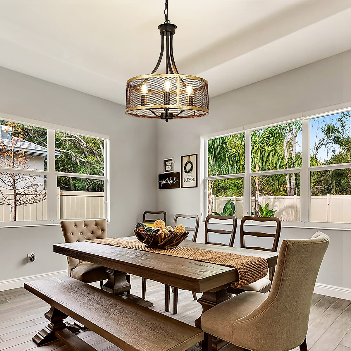 DLLT 4-Light Farmhouse Chandelier, 16" Industrial Pendant Lighting, Drum Hanging Light Fixture with Antique Gold and Matte Black Finished for Dining Room Kitchen Living Room, Height Adjustable