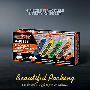 HORUSDY 4-Pack Box Cutter Utility Knife, Heavy Duty Aluminum Shell Retractable Box Cutter for Cardboard, Boxes and Cartons, Extra 10 Blades.