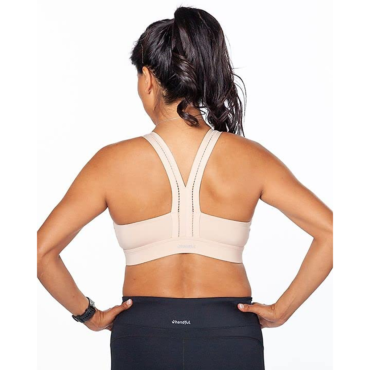 Handful Women's Y-Back Maximum Support Racerback Sports Bra with Removable Pads, Wire Free Yoga Bra, Have It All Honey, Large