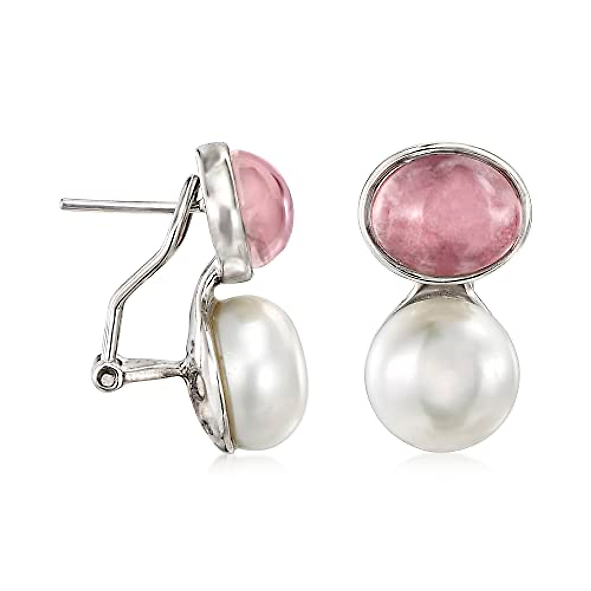 Ross-Simons 14.00 ct. t.w. Rose Quartz and 14-14.5mm Cultured Pearl Earrings in Sterling Silver