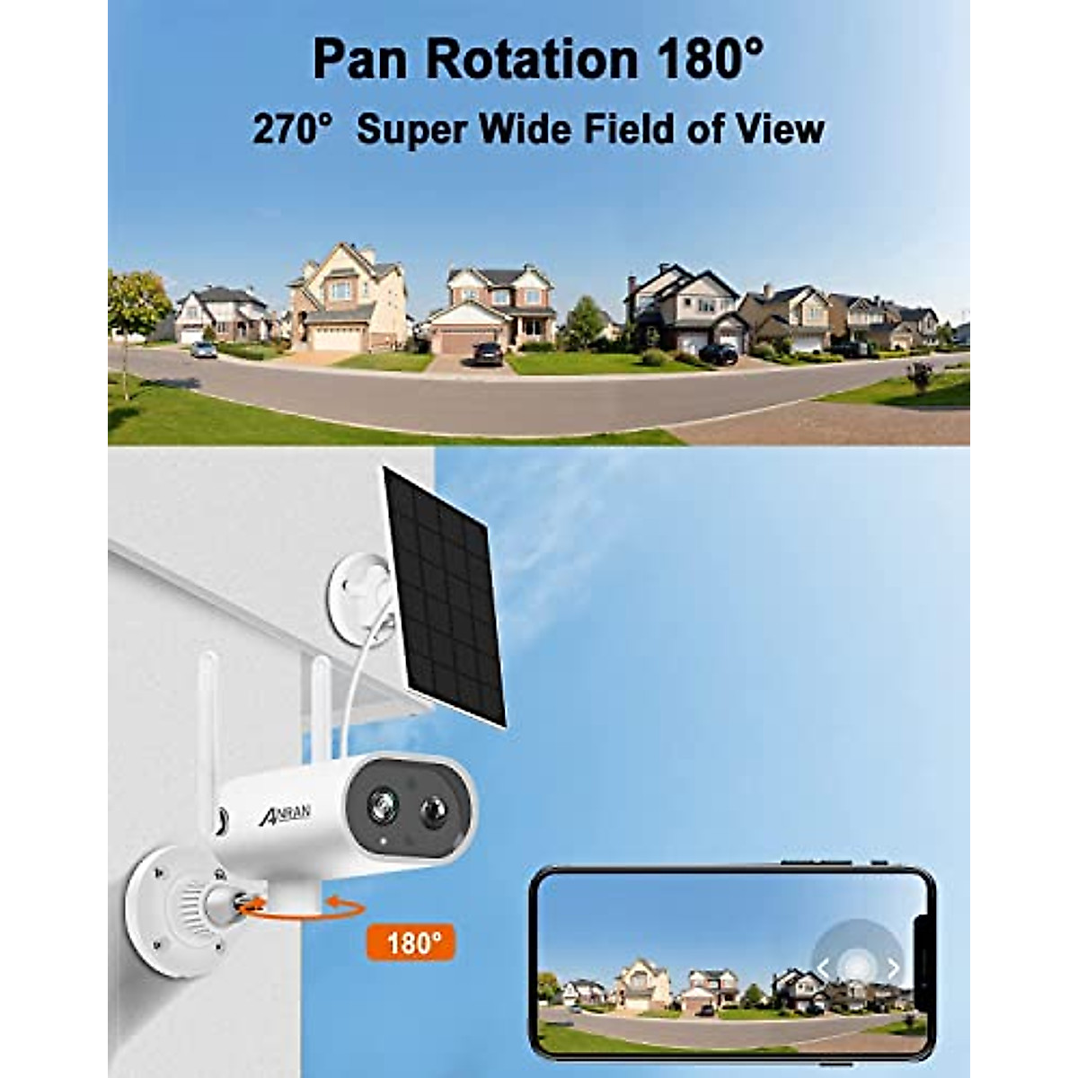 ANRAN Security Cameras Wireless Outdoor with PR 180°, 2K Solar Security Camera Outdoor with Solar Panel, PIR Human Detection, 2-Way Talk, Night Vision, IP65 Waterproof, Compatible with Alexa, S2 White