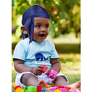 4 Pieces Kids Silky Durag with Wave Caps Set Unisex Baby Durags Long Tail and Wide Strap Headwraps Turban Beanies (Black, Navy Blue)