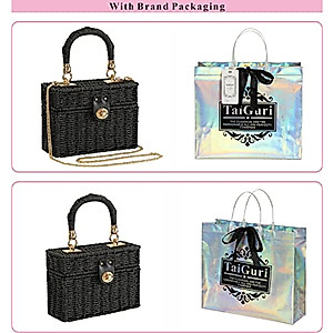 TaiGuri Women's Handmade Straw Rattan Woven Chain Purse Handbag Tote Shoulder Bag Black