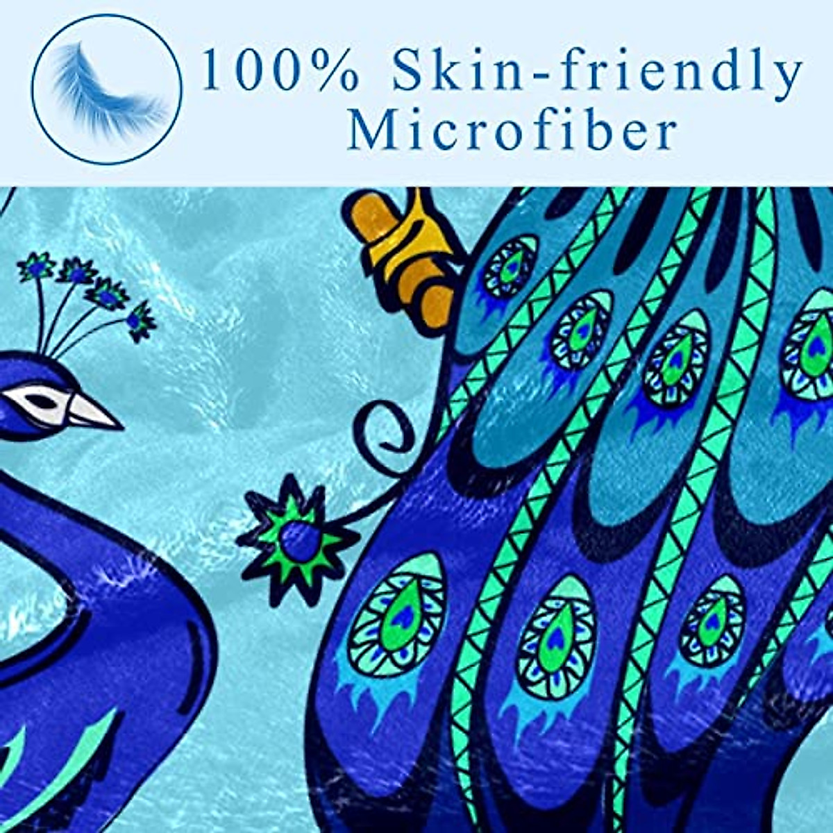 Plush Blanket Throw Blanket Warm Cozy Soft Microfiber Blankets, Blue Peacock Cartoon Retro Pattern