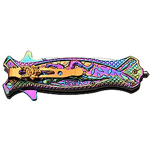 Masters Collection – Spring Assisted Open Folding Pocket Knife – Rainbow Stainless Steel Blade, Rainbow Handle w/ Sculpted Ninja, Pocket Clip, Glass Punch, EDC, Collectible, Self Defense – MC-A030RB