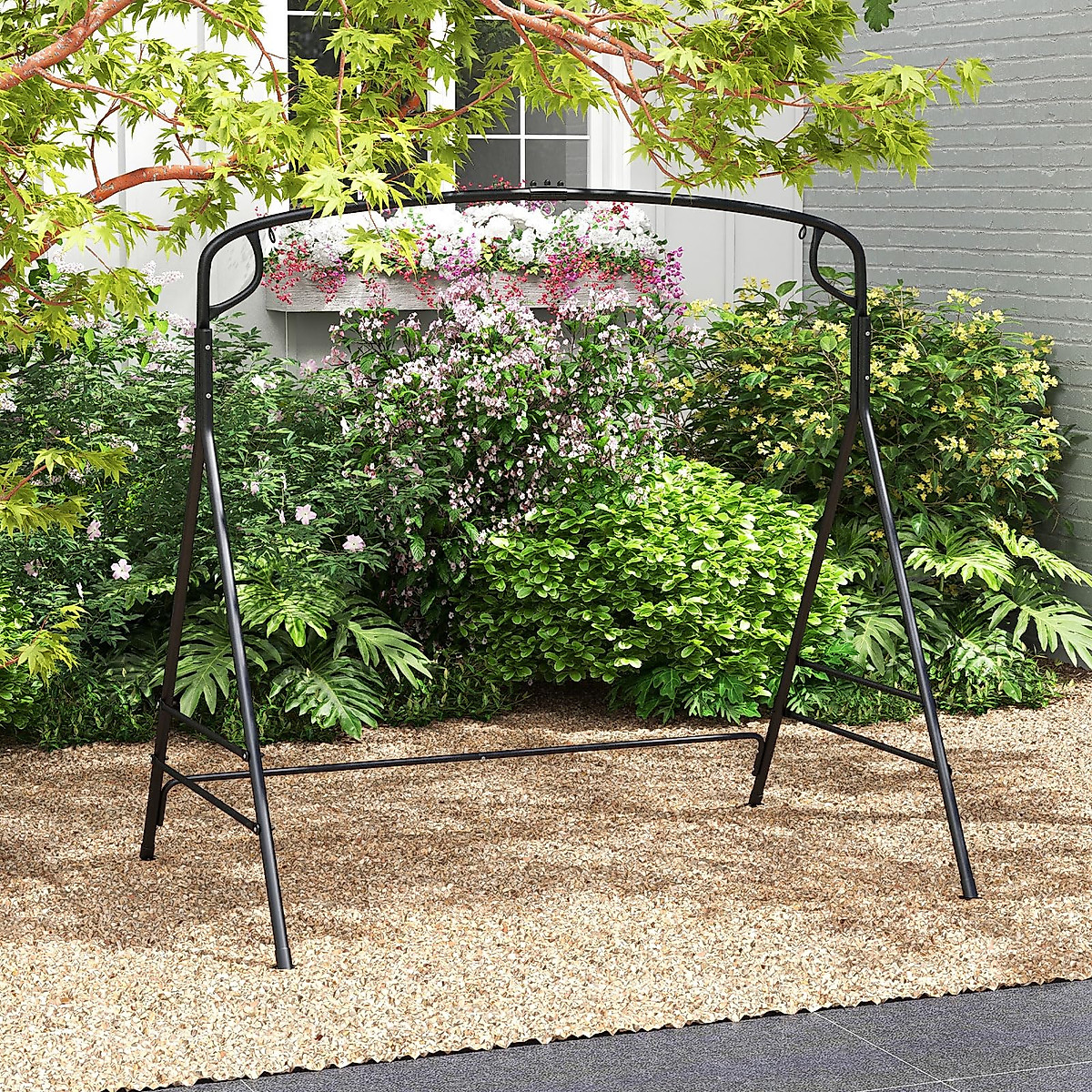 HAPPYGRILL Porch Swing Stand, Heavy Duty Metal Hanging Swing Frame with 2-Point/Single-Point Hanging, A-Frame Swing Stand for Indoor Outdoor Patio Backyard Fits for Most Swings